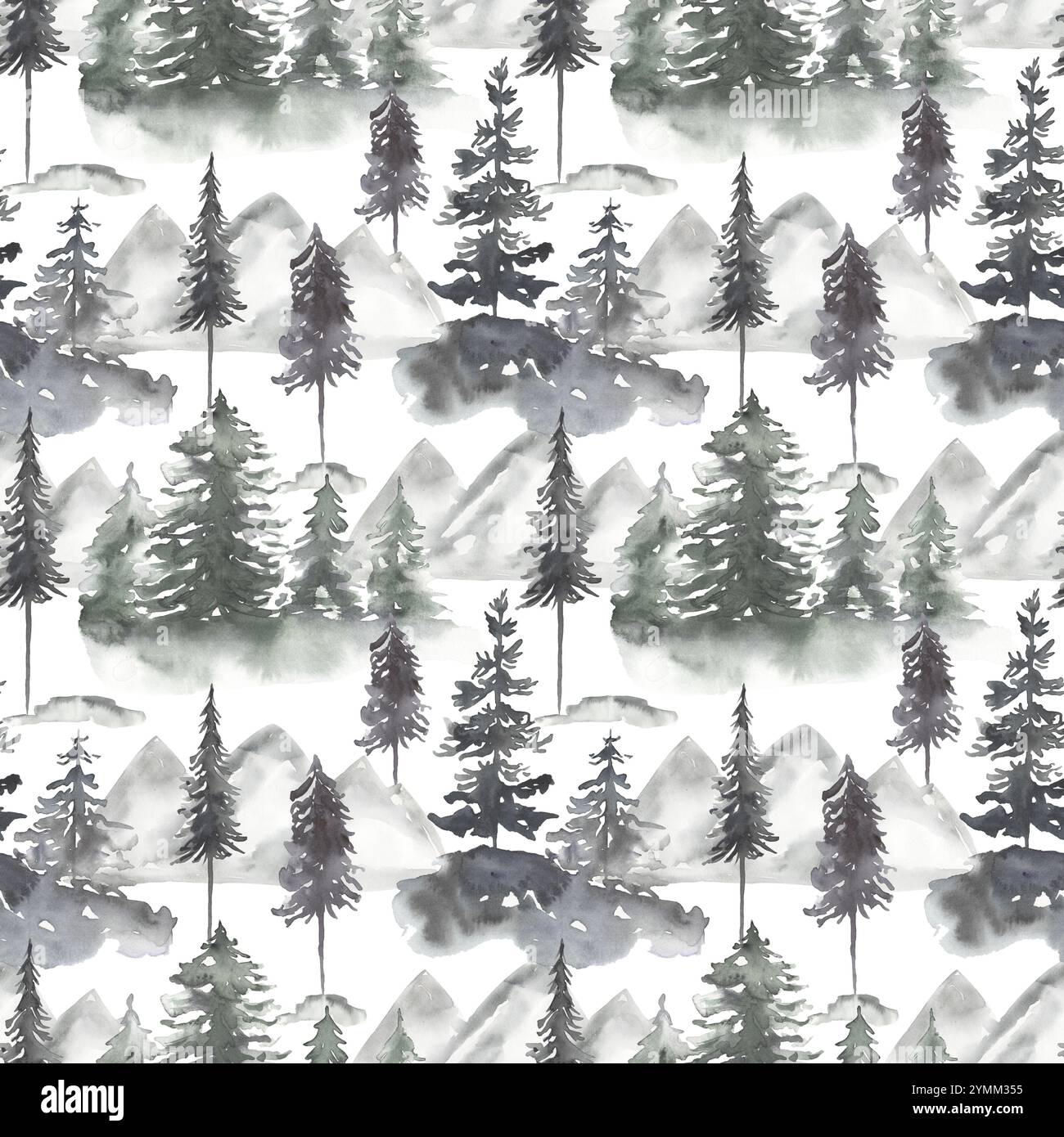 Watercolor hand drawn forest winter trees and mountains seamless ...