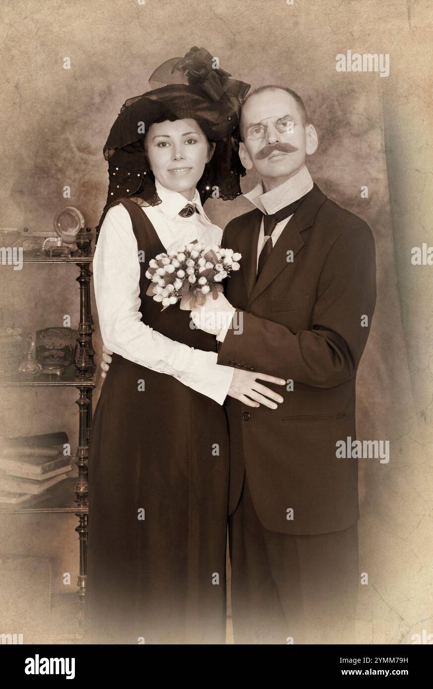 Retro couple portrait. Monochrome, grunge textures, intentional styled ...