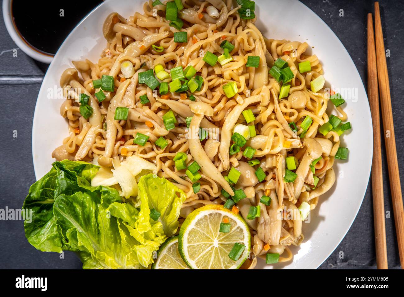 Asian shimeji noodles dish. Chow Mein noodles pasta, with stir fried ...