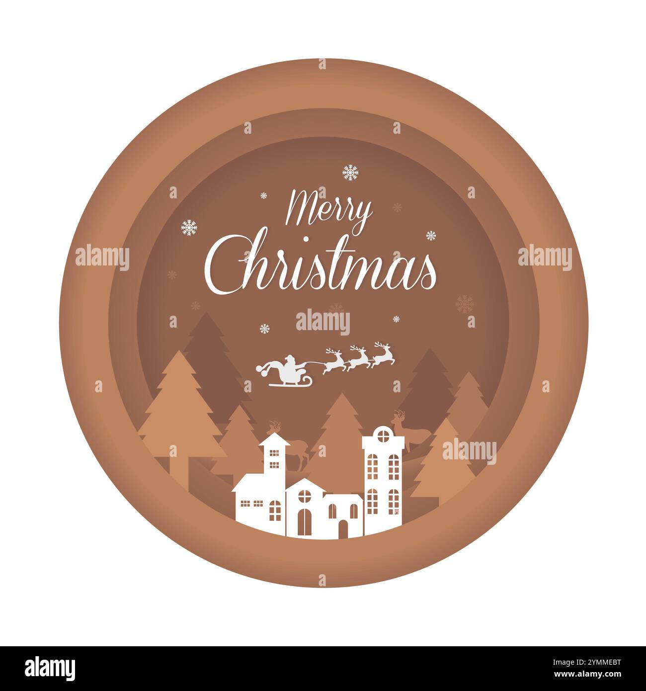 Merry Christmas paper cut with tree in the village with the mountain ...