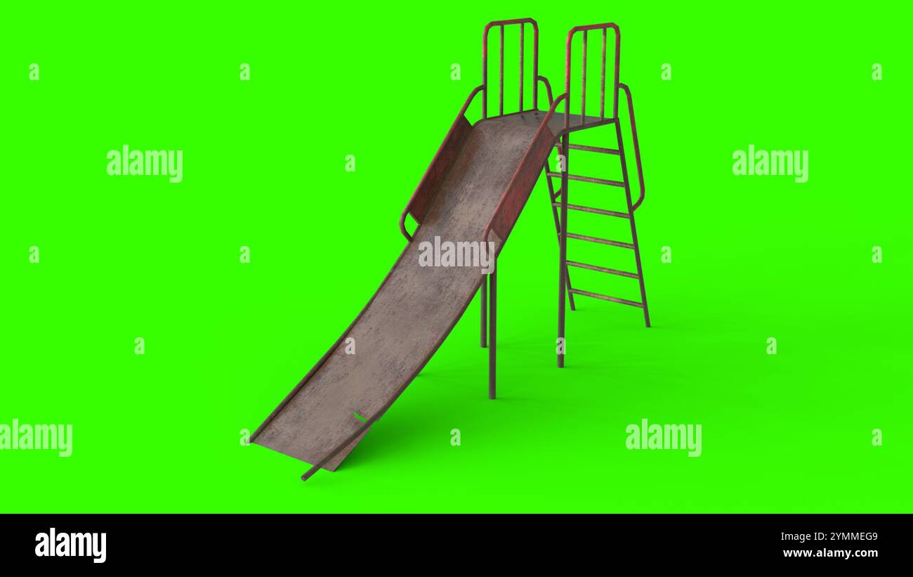 abandoned children slide with green background Stock Photo - Alamy