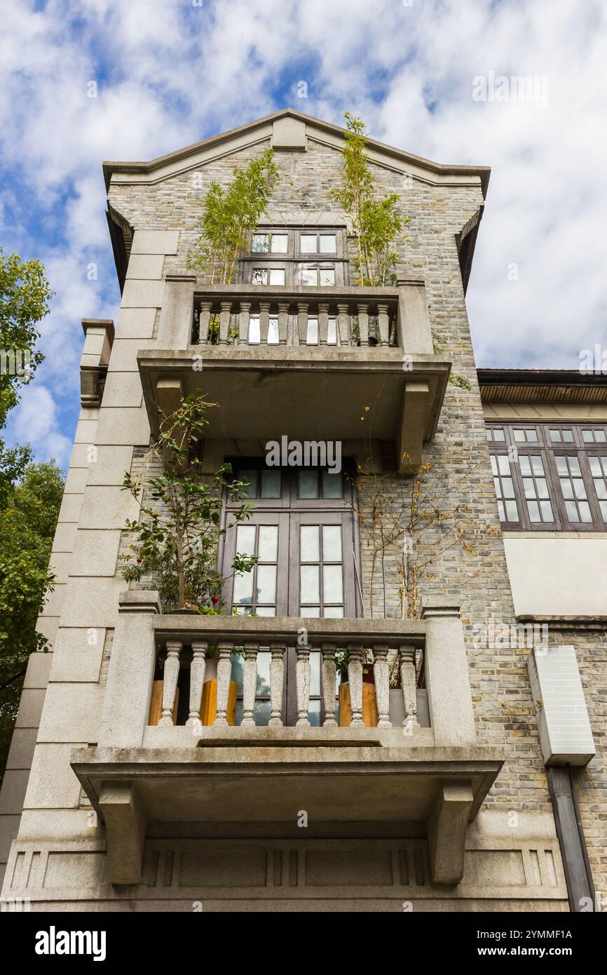 Balconies on a historic house in the Xintiandi district in Shanghai ...