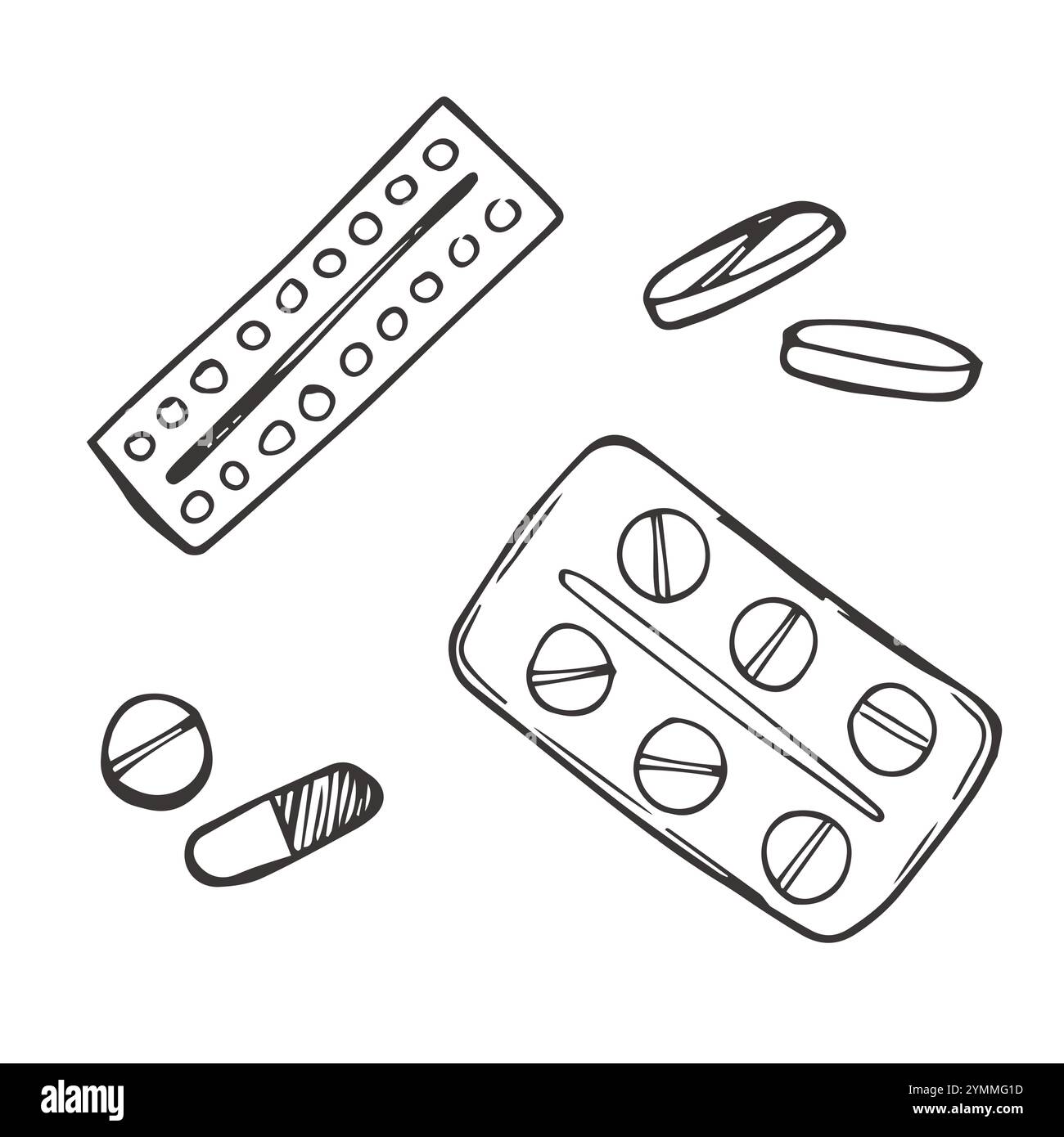 Hand drawn medicine pills, tablet, capsule and package bottle isolated ...