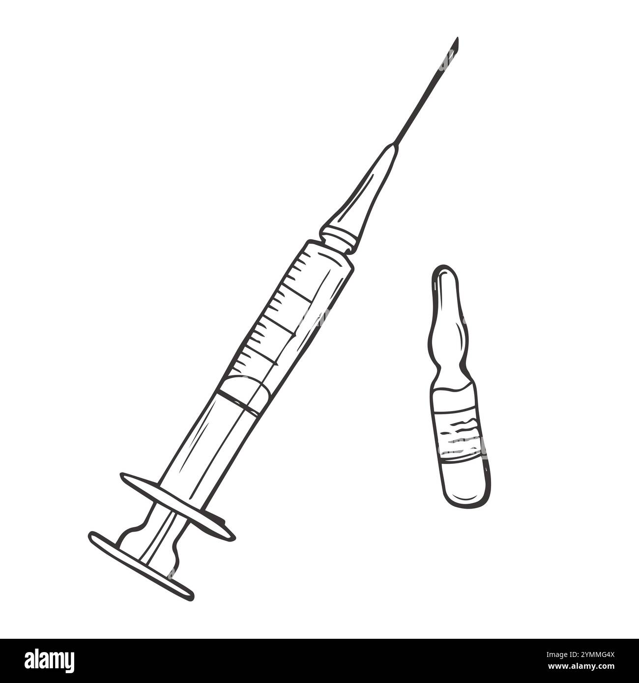 Syringe and ampoule doodle style vector illustration isolated on white ...