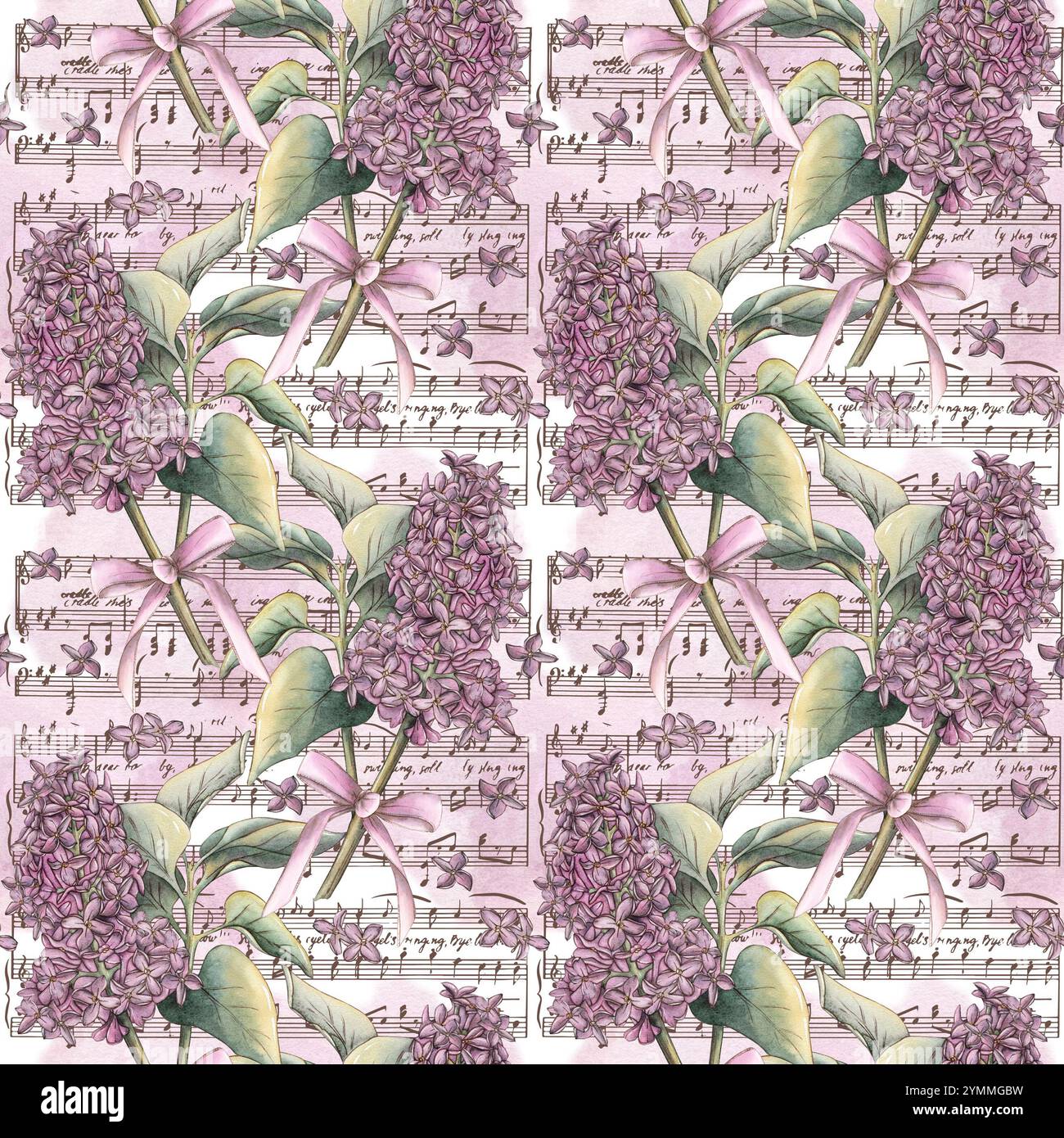 Watercolor seamless pattern with a branch of lilac and lilac flowers, a ...