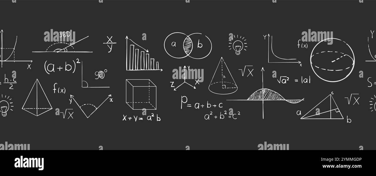 Math doodle hand drawn border, with formula, geometric shapes, chalk texture. School science ...