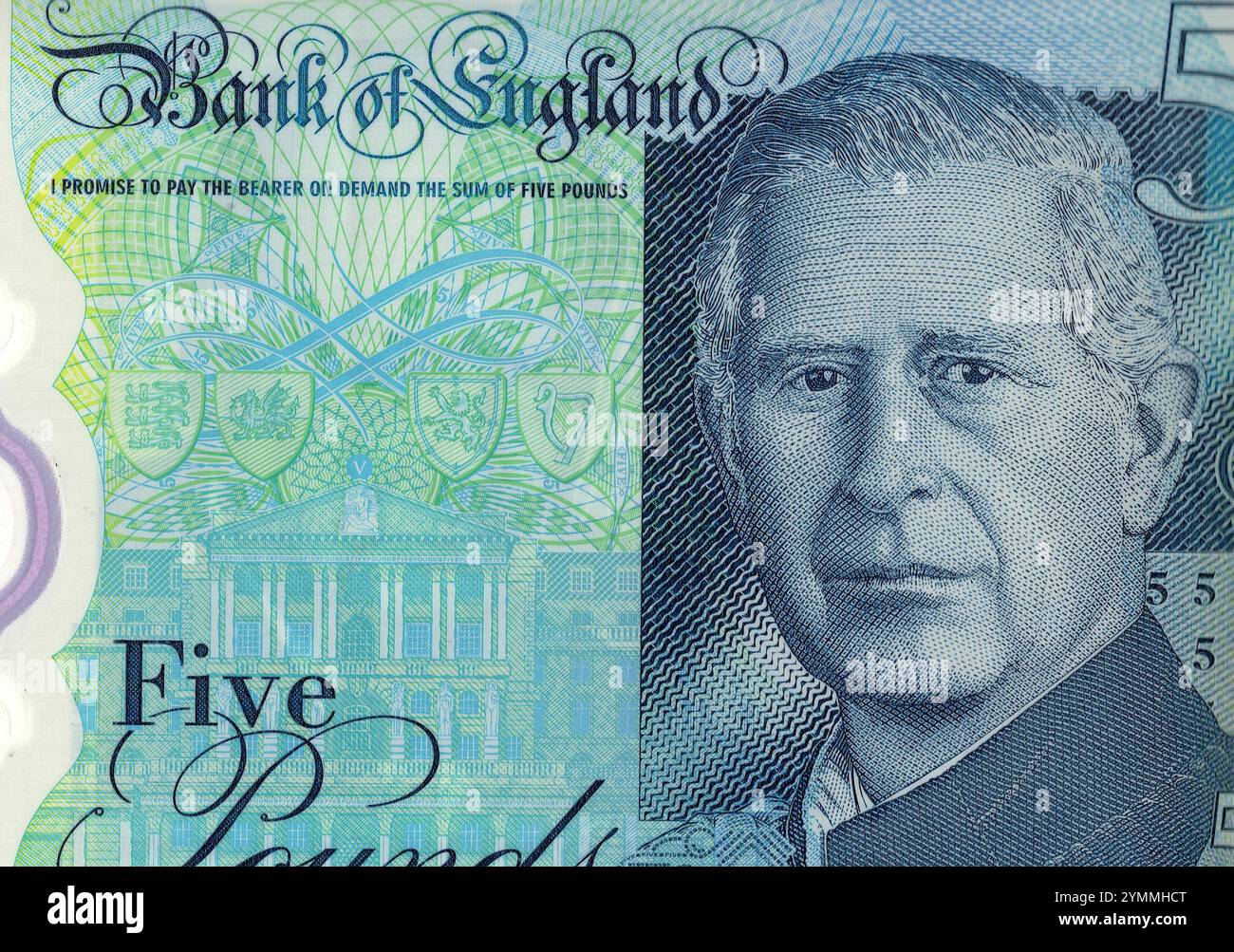 Detail from a King Charles III £5 banknote from the United Kingdom on a ...