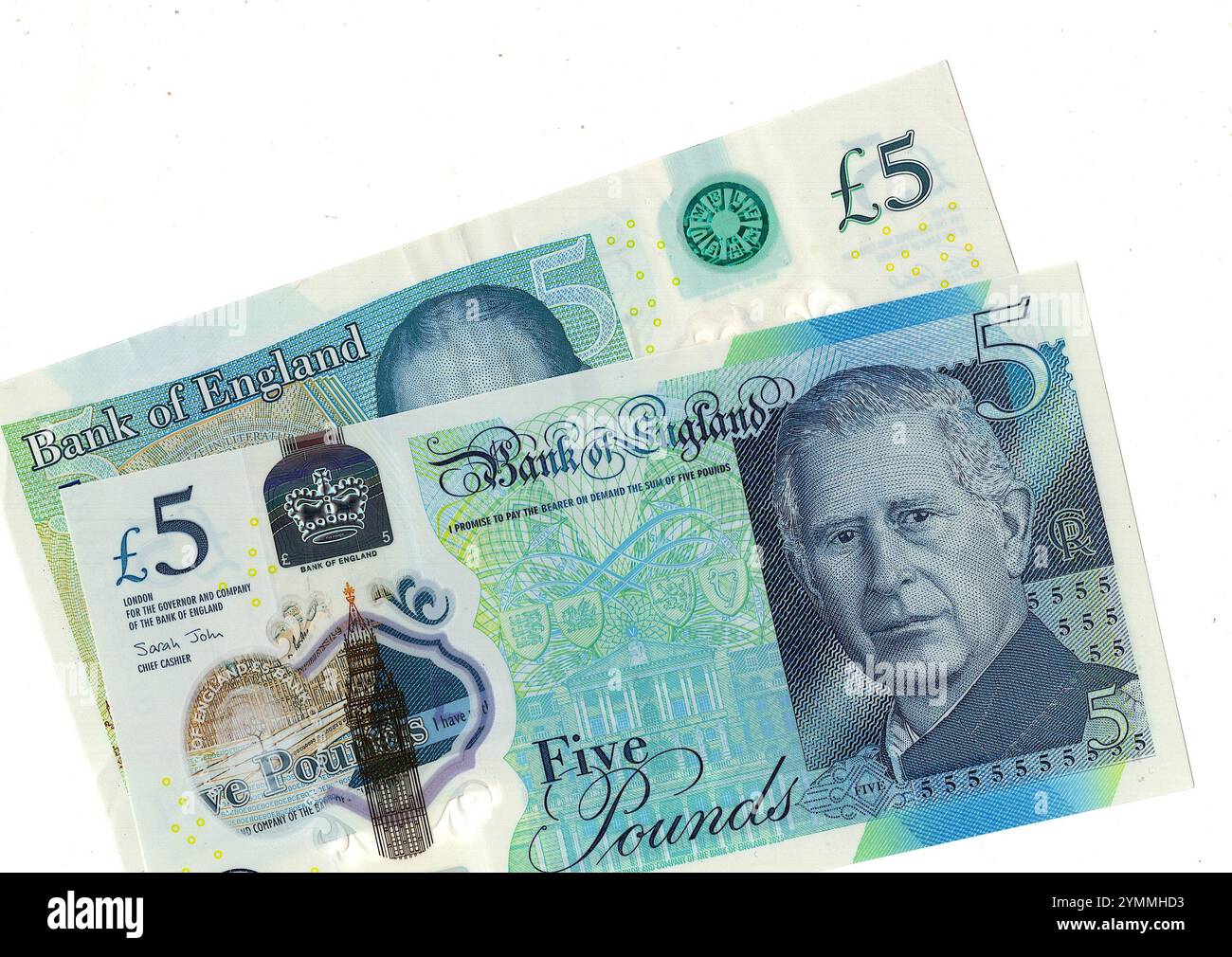 A King Charles III £5 banknote showing the front and reverse from the ...
