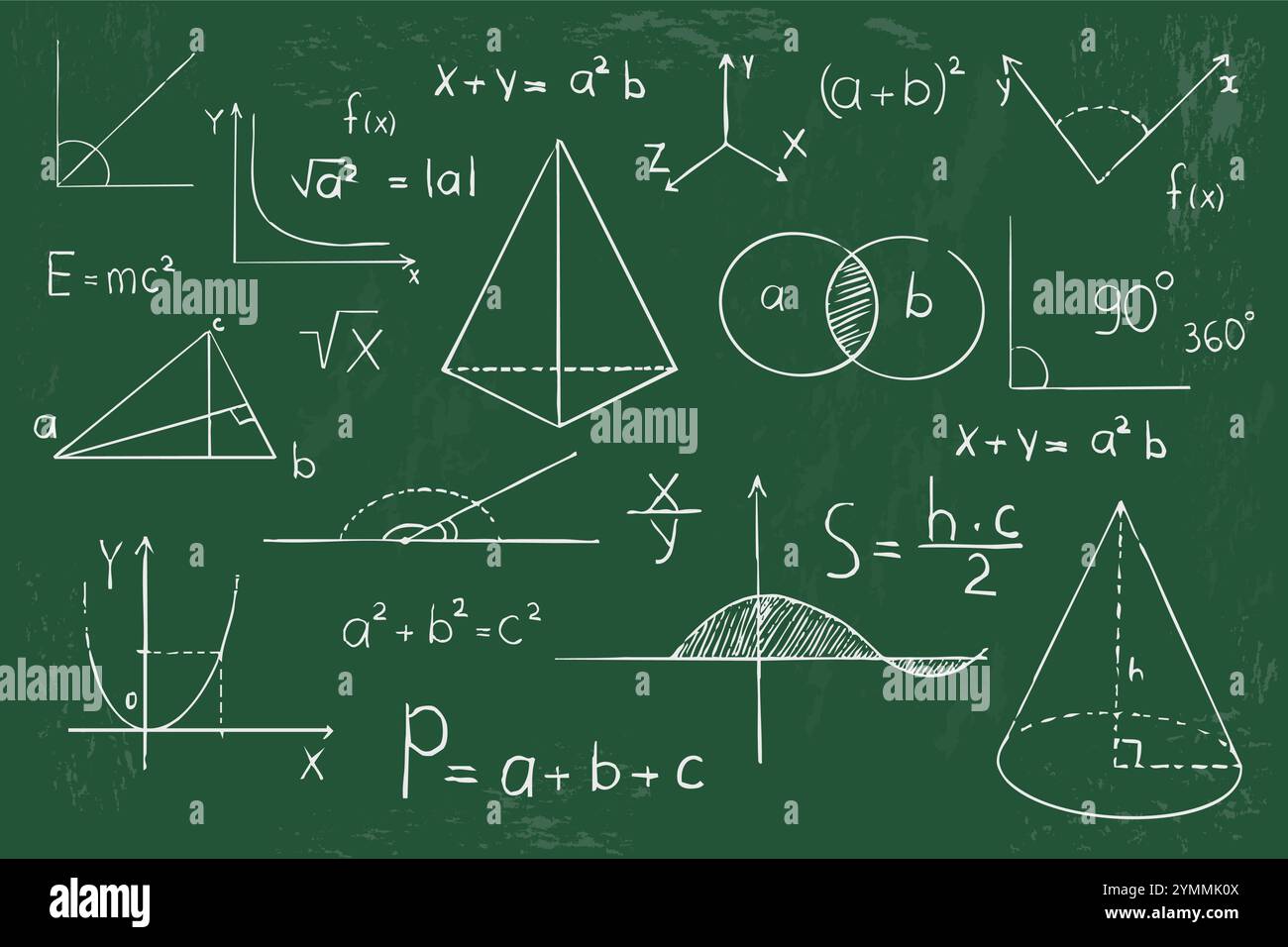Math geometry graph and shapes on blackboard background. Set science ...