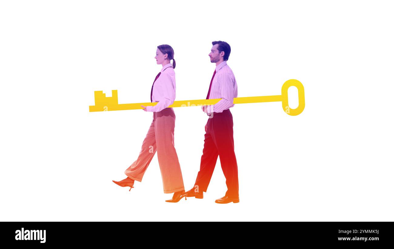 Contemporary art collage. Man and woman walking together while carrying ...