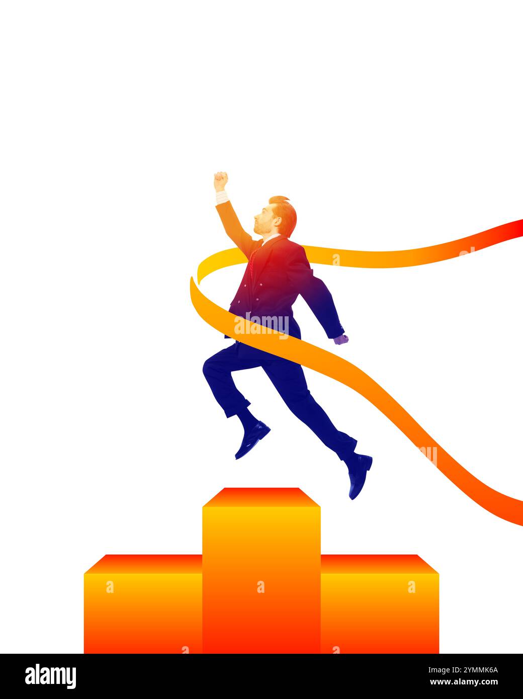 Contemporary art collage. Determined businessman leaping over finish ...