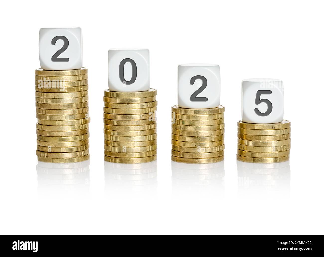 Descending coin stacks with letter dice - 2025 Stock Photo - Alamy