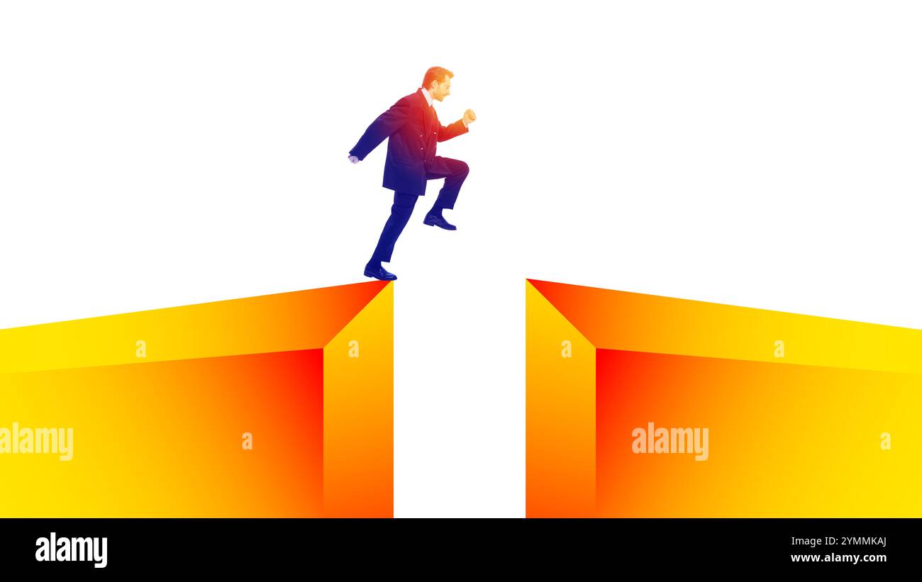 Contemporary art collage. Businessman stepping across gap between two ...