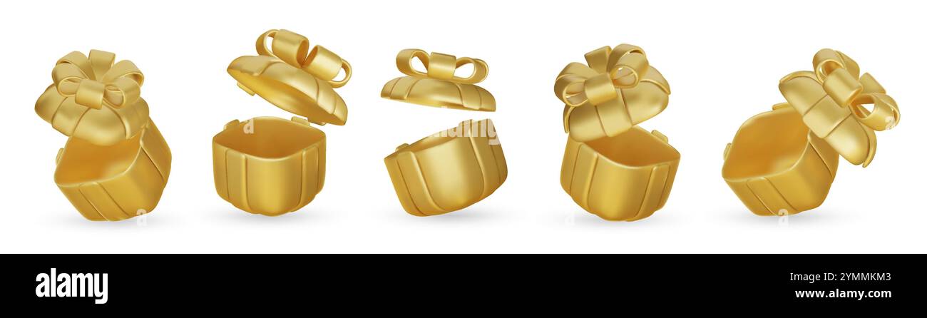 Set of realistic 3d render gift boxes. Gold gift box with golden bow ...