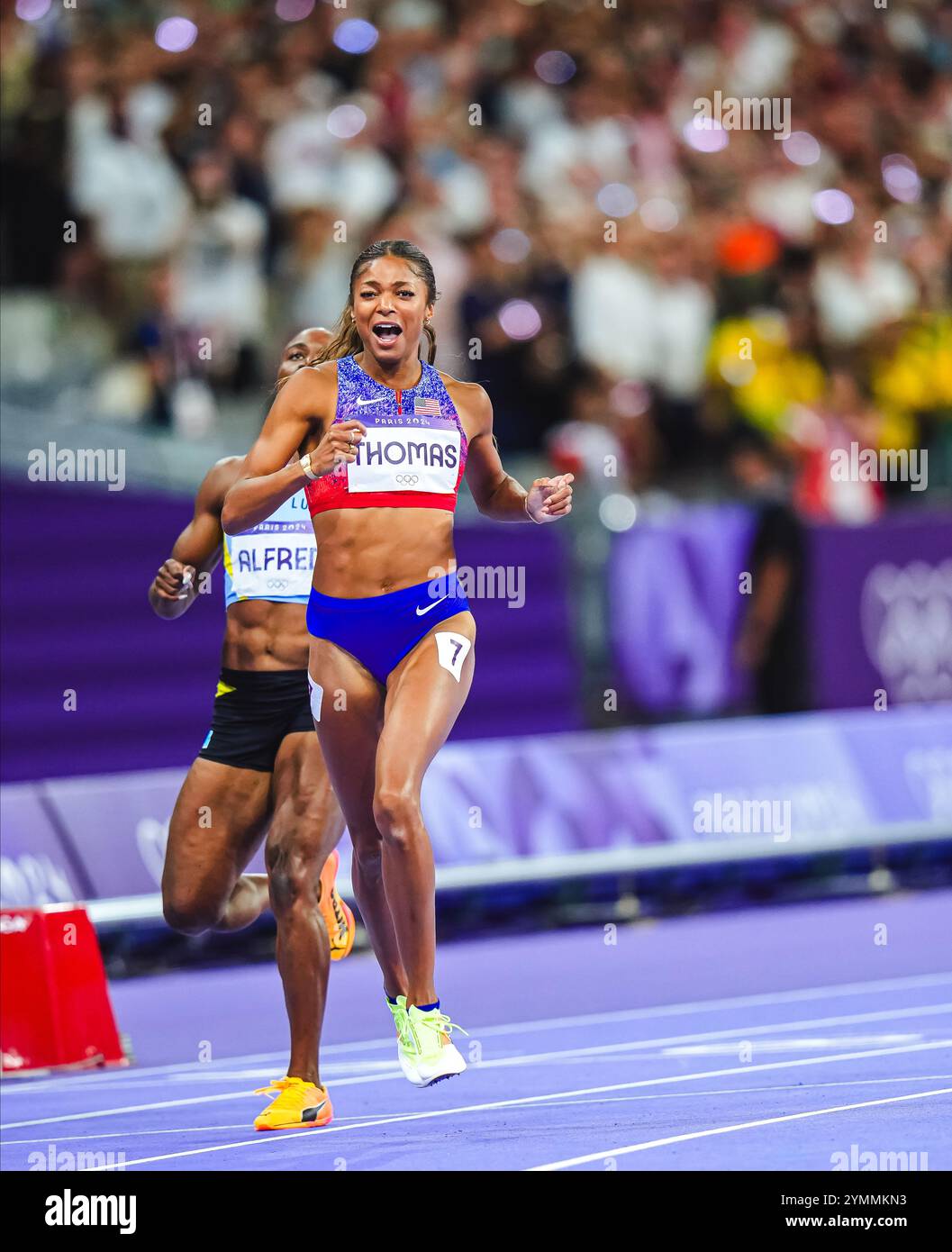Gabrielle Thomas winning in the 200 meters relay at the Paris 2024 ...