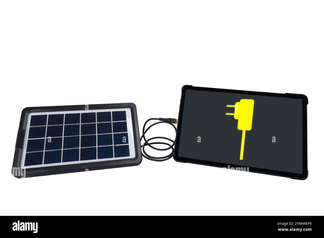 Portable solar panel connected to tablet pc isolated on white ...