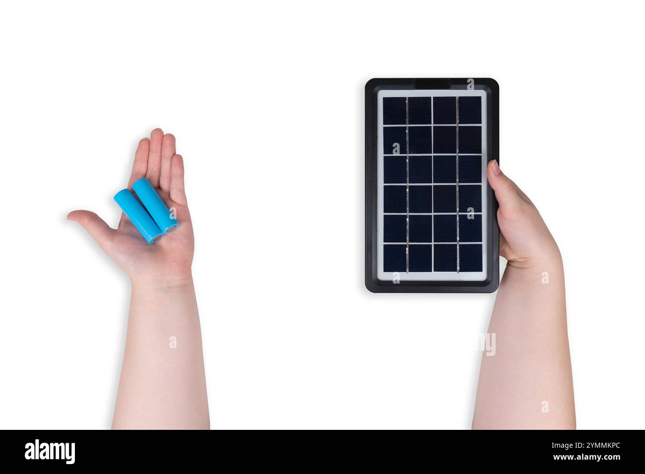 Portable solar panel in one hand and cylindrical storage batteries in ...