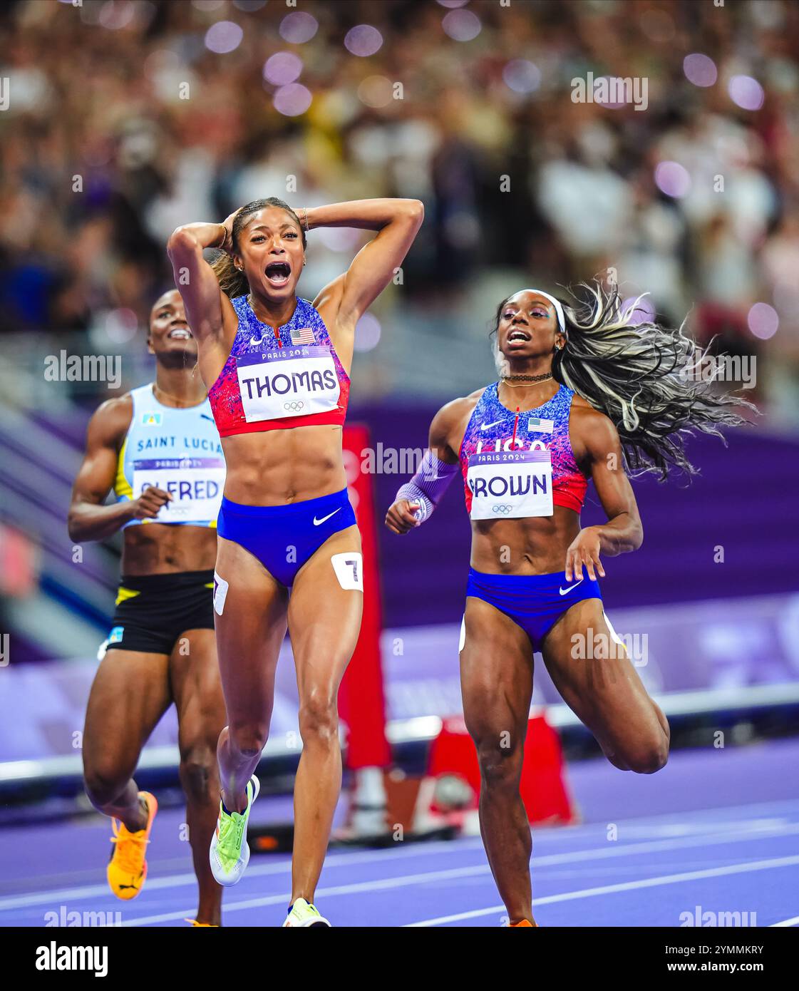 Gabrielle Thomas winning in the 200 meters relay at the Paris 2024 ...