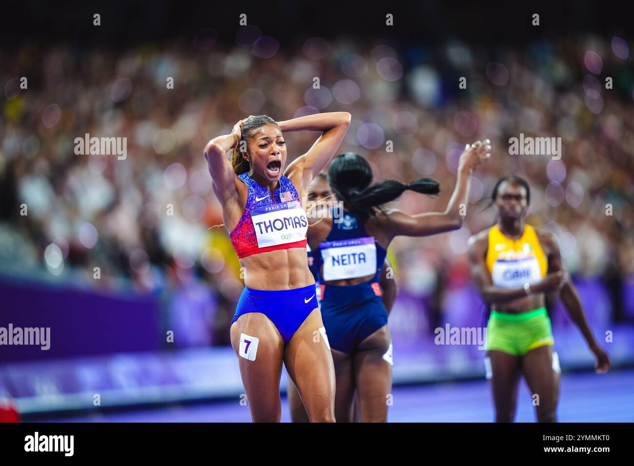 Gabrielle Thomas winning in the 200 meters relay at the Paris 2024 ...