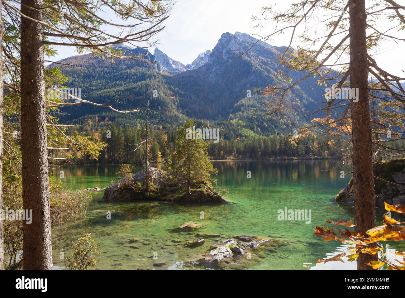 Mountain massif Hochkalter with forest at Hintersee in fall, Ramsau ...