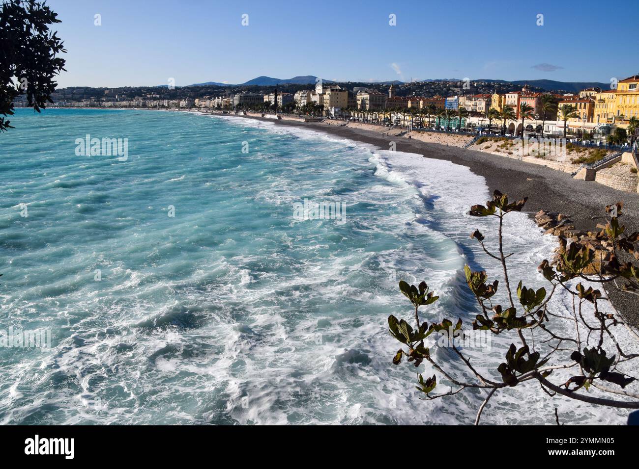 Nice, France 5th November 2019. Waves crash on empty beaches in autumn ...