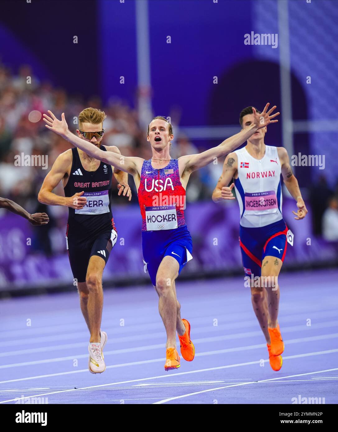 Cole Hocker winning in the 1500 meters at the Paris 2024 Olympic Games ...