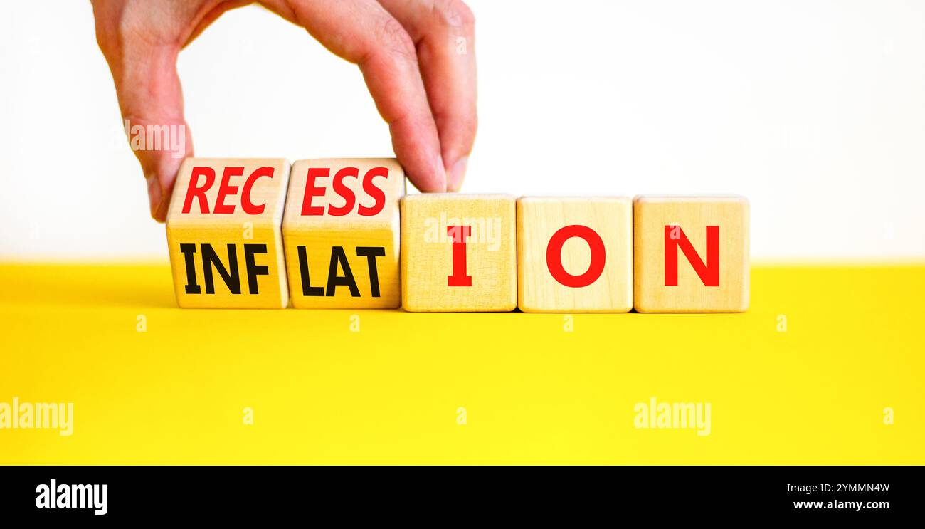Inflation recession symbol. Businessman turns wooden cubes and changes ...