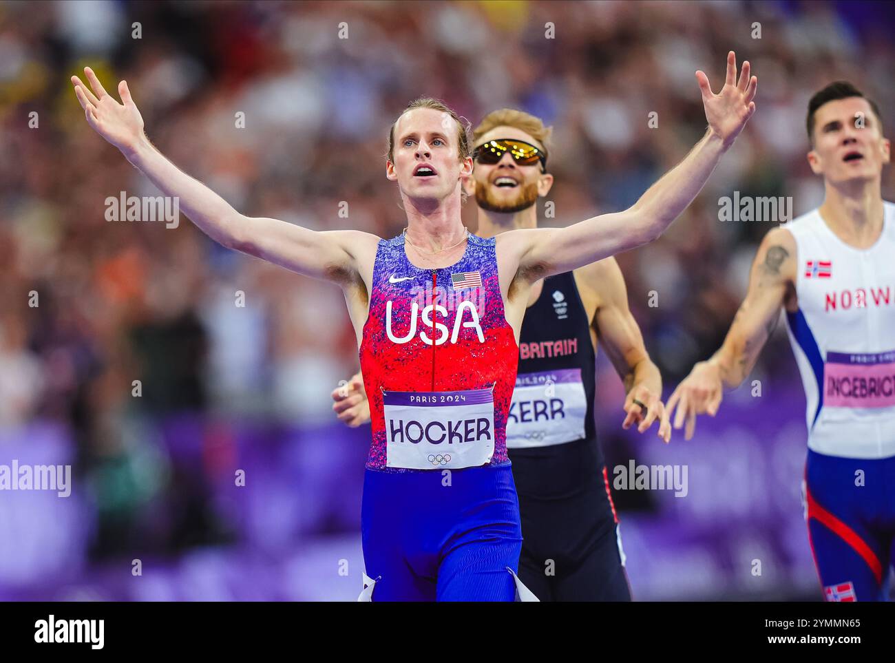 Cole Hocker winning in the 1500 meters at the Paris 2024 Olympic Games ...