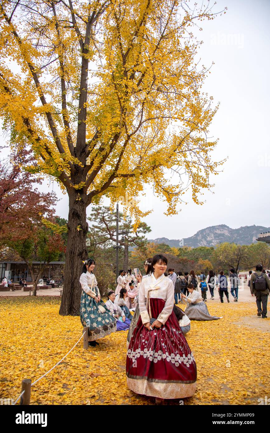 Tourists wearing traditional Korean folk costumes and Hanbok dresses in ...