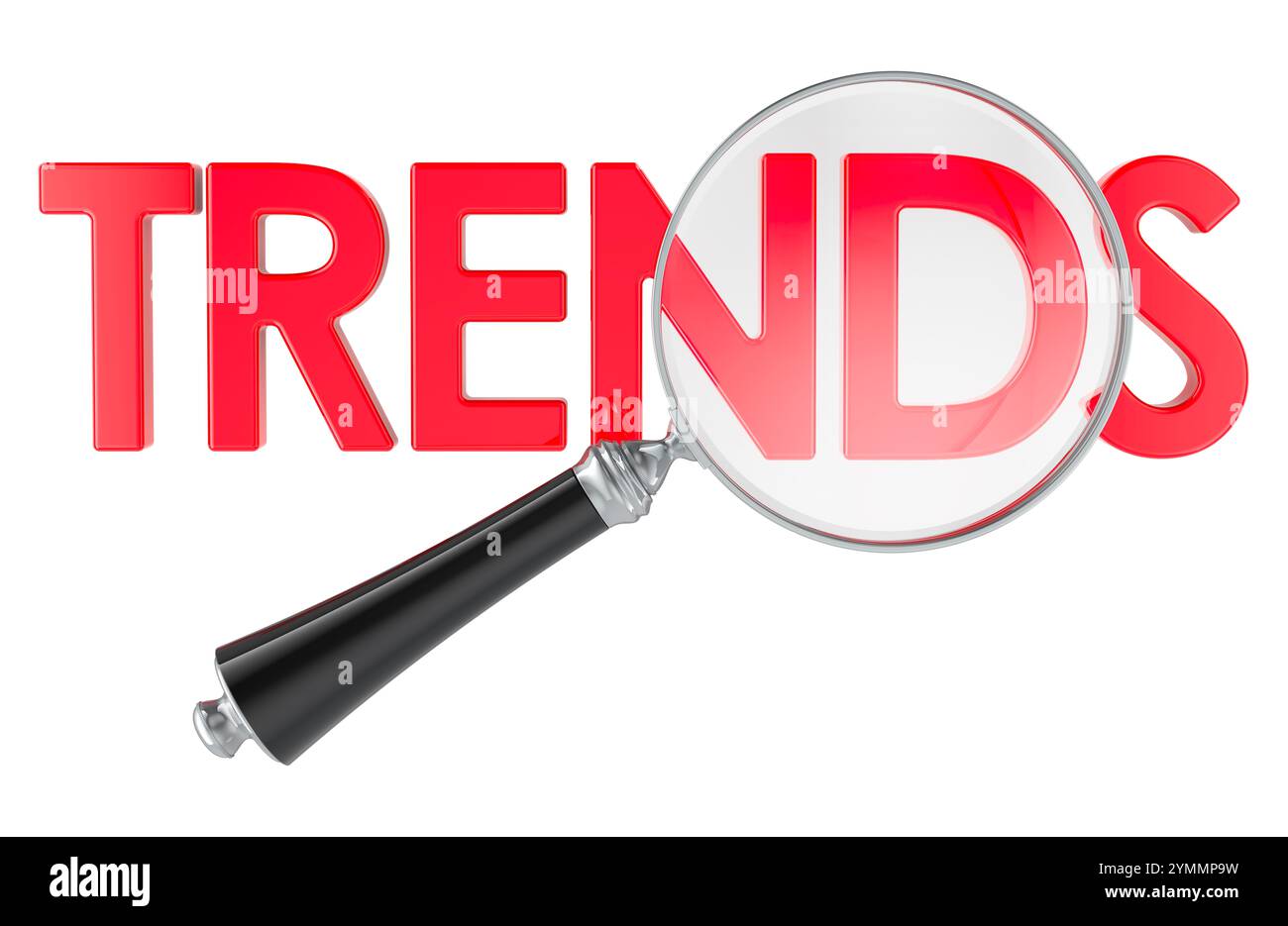 Trends concept with magnifying glass. 3D rendering isolated on the ...