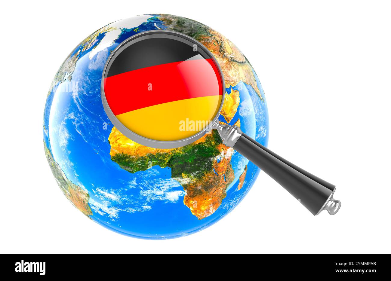 German flag under magnifying glass with Earth Globe, 3D rendering ...