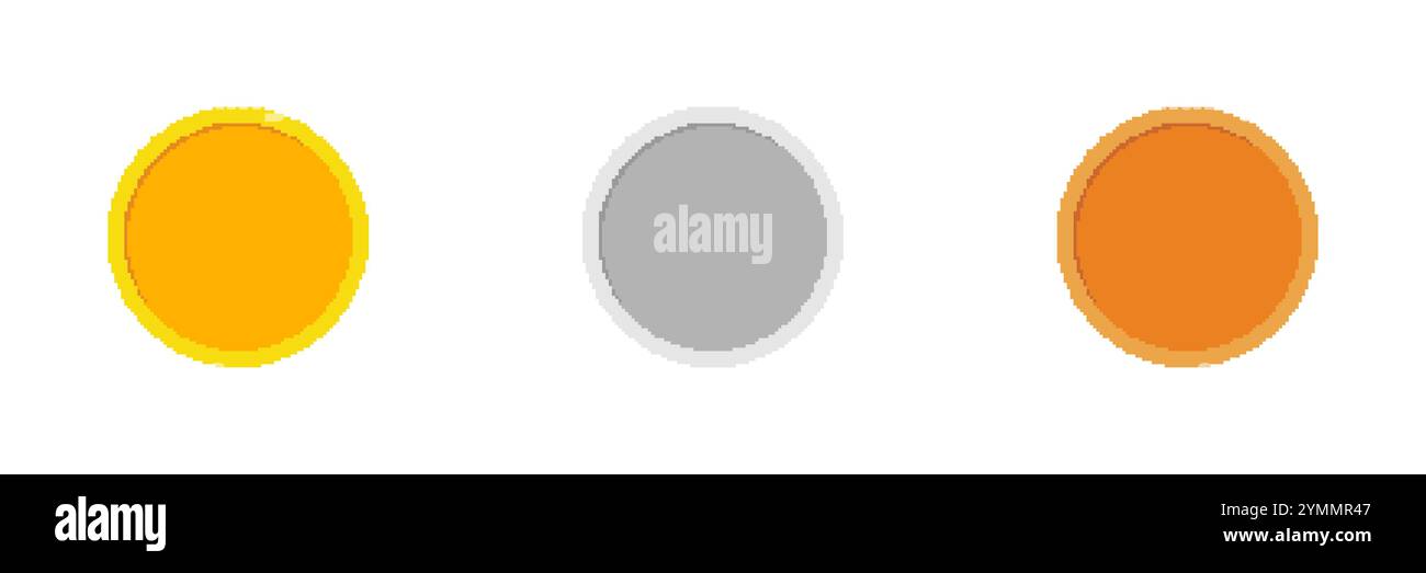 Pixel Art Colored Coins Icon Set. Pixelated Gold Silver Bronze Coin ...