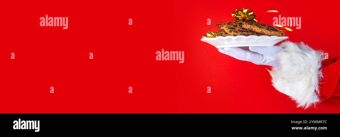 Santa hand with with traditional Christmas chocolate chip cookie snack ...