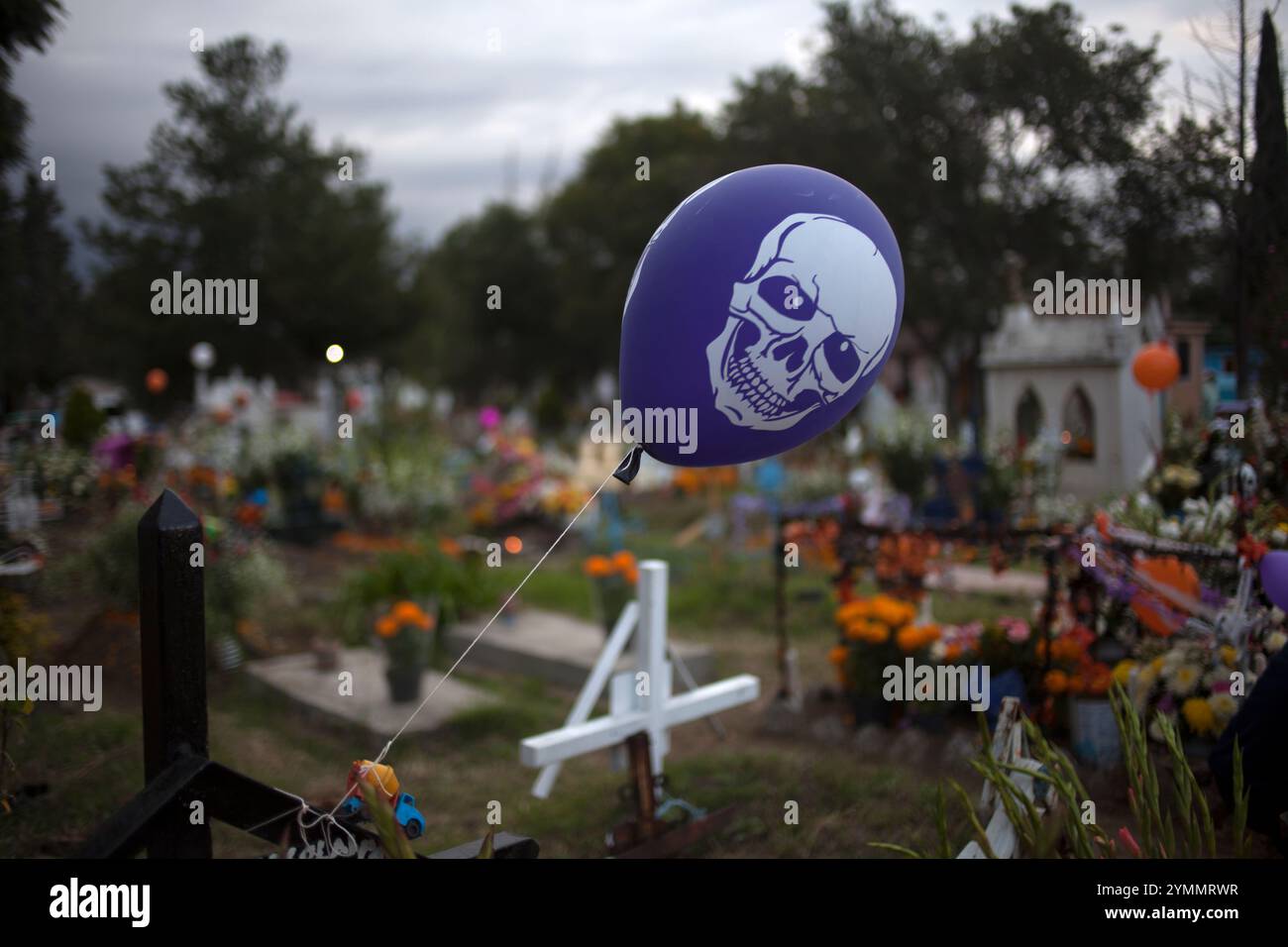 Balloons and yellow marigold flowers, known as cempasuchil, decorate a ...