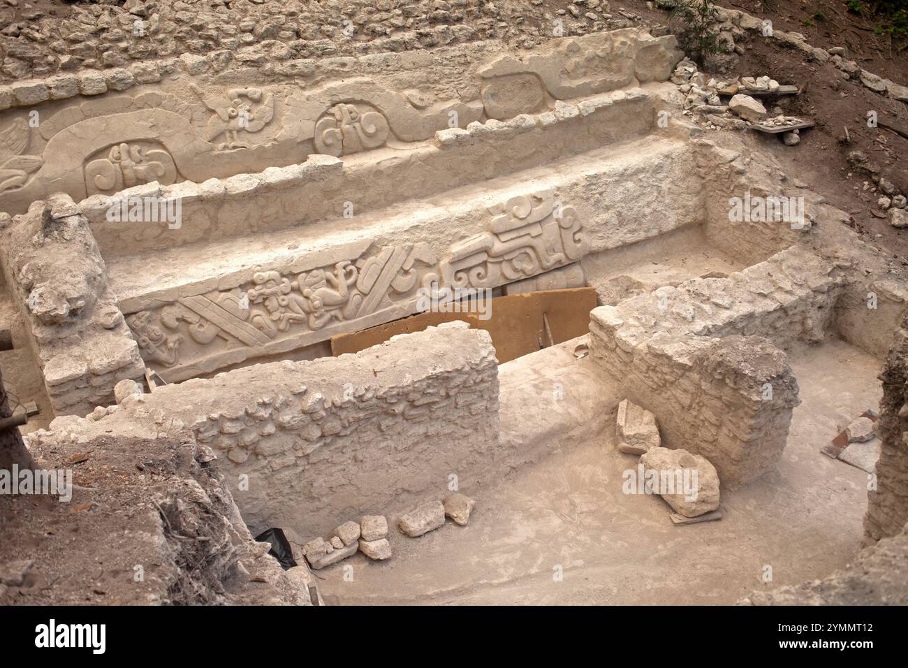 Stucco representation of the Popol Vuh showing the divine twins Hunahpu ...