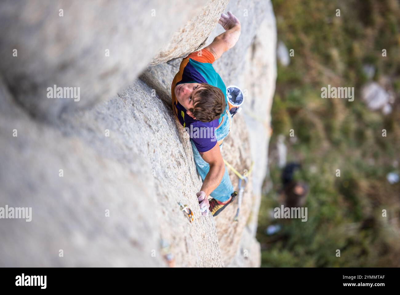 Men climbing a sport route on limestone in Ceuse, France Stock Photo ...