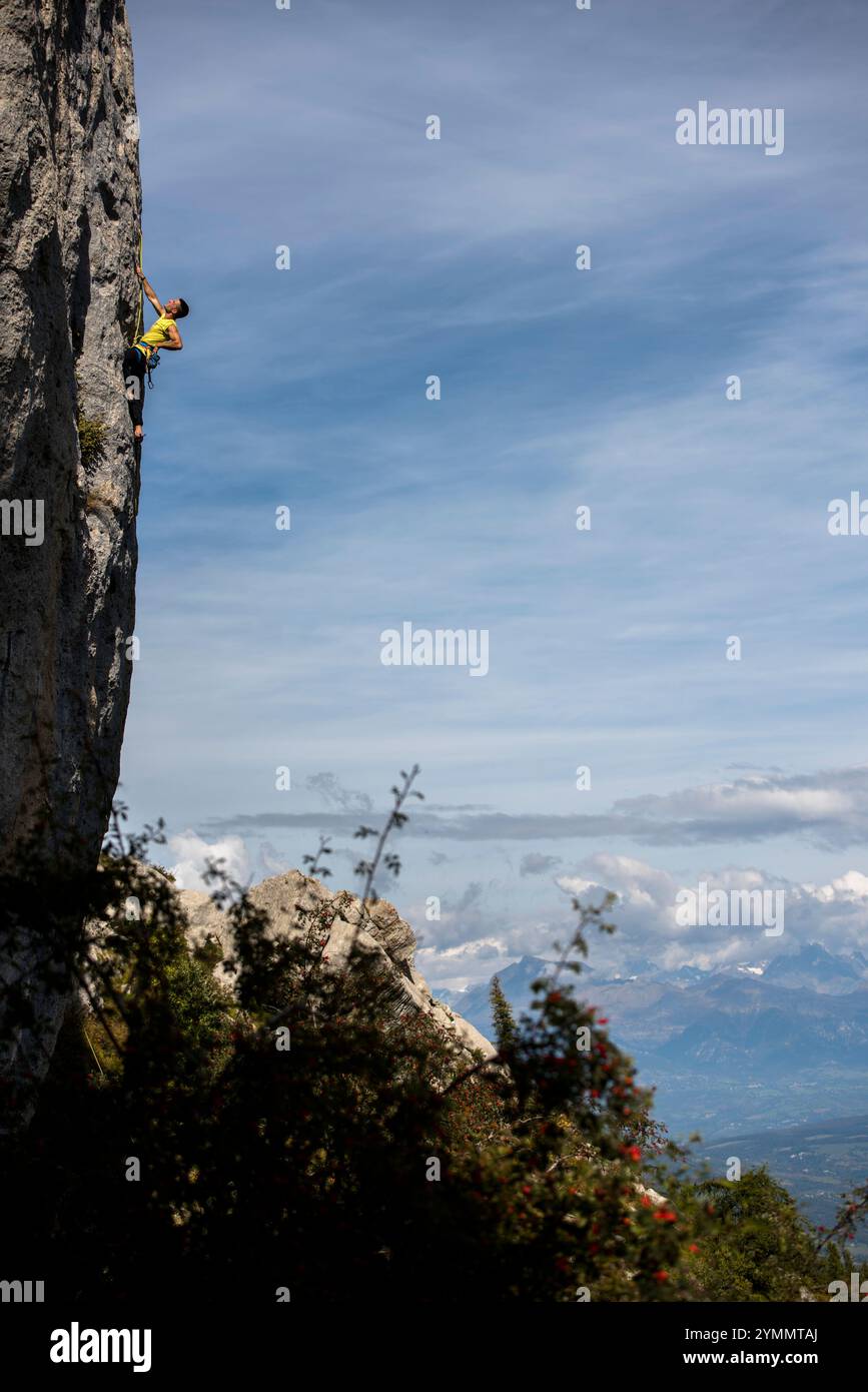 Men climbing a sport route on limestone in Ceuse, France Stock Photo ...