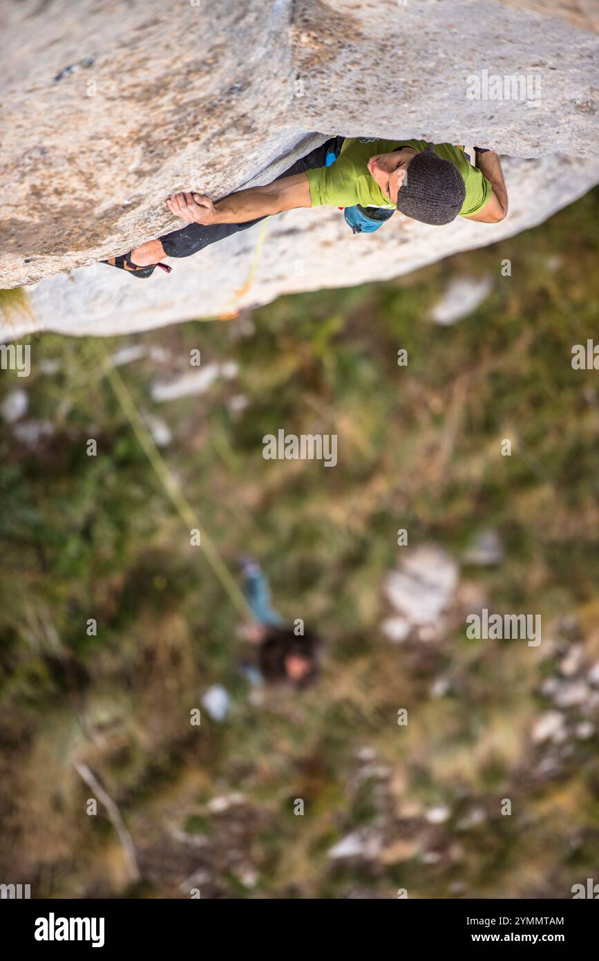 Men climbing a sport route on limestone in Ceuse, France Stock Photo ...