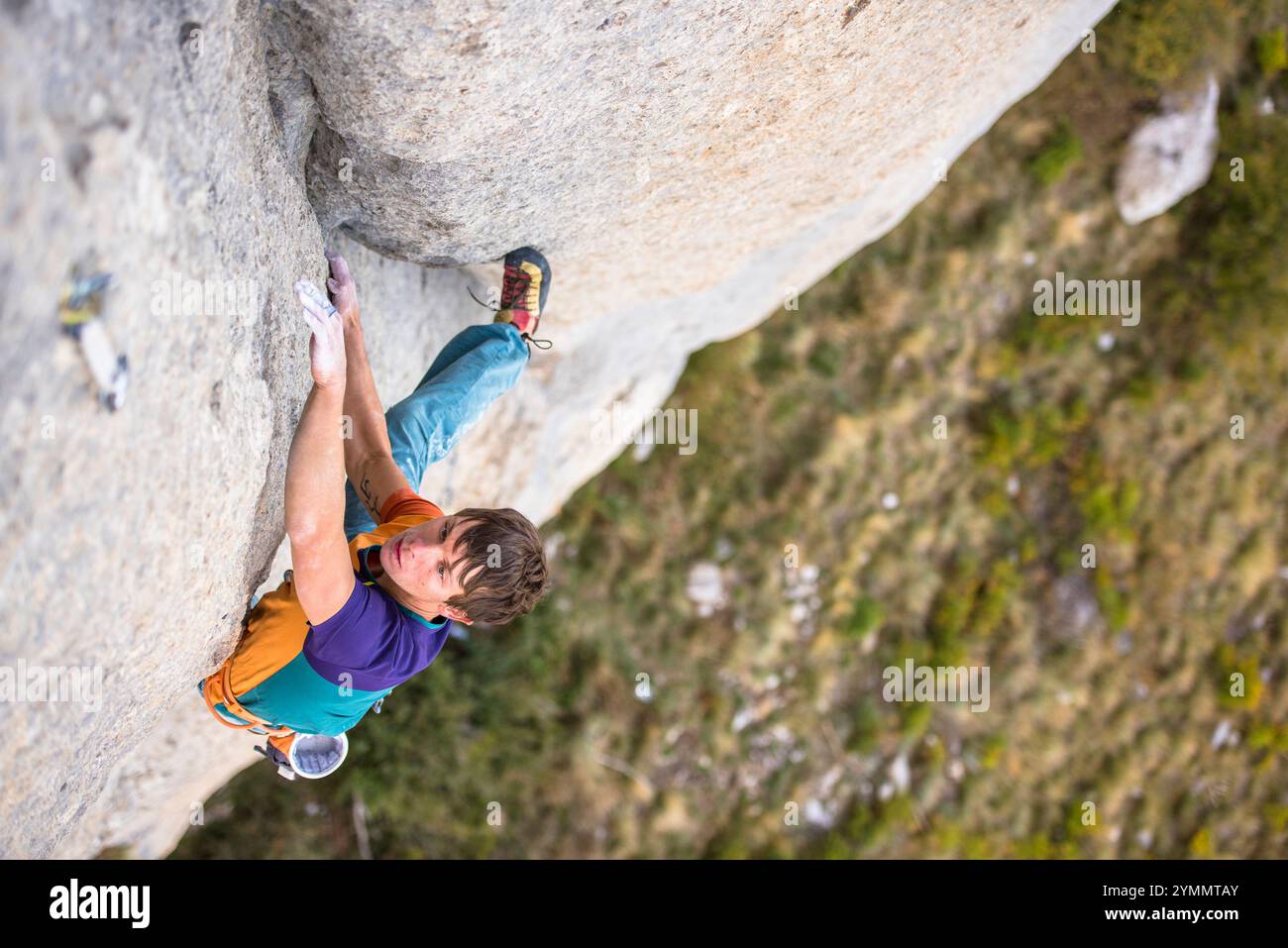 Men climbing a sport route on limestone in Ceuse, France Stock Photo ...