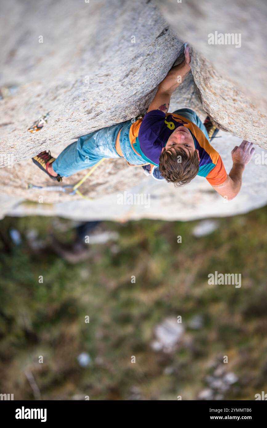 Men climbing a sport route on limestone in Ceuse, France Stock Photo ...
