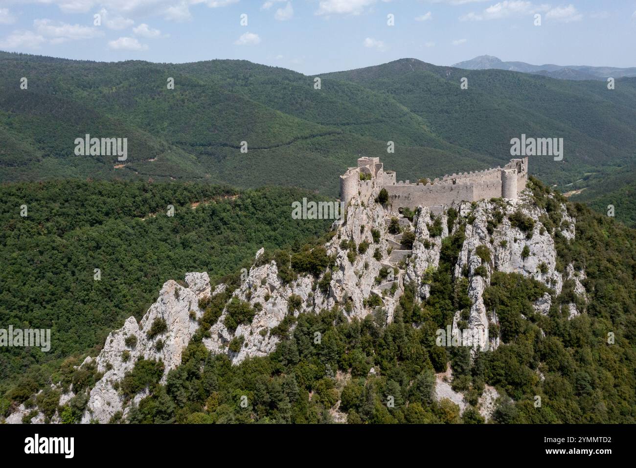 Aerial view of the Château de Puilaurens, Cathar castle registered as a ...