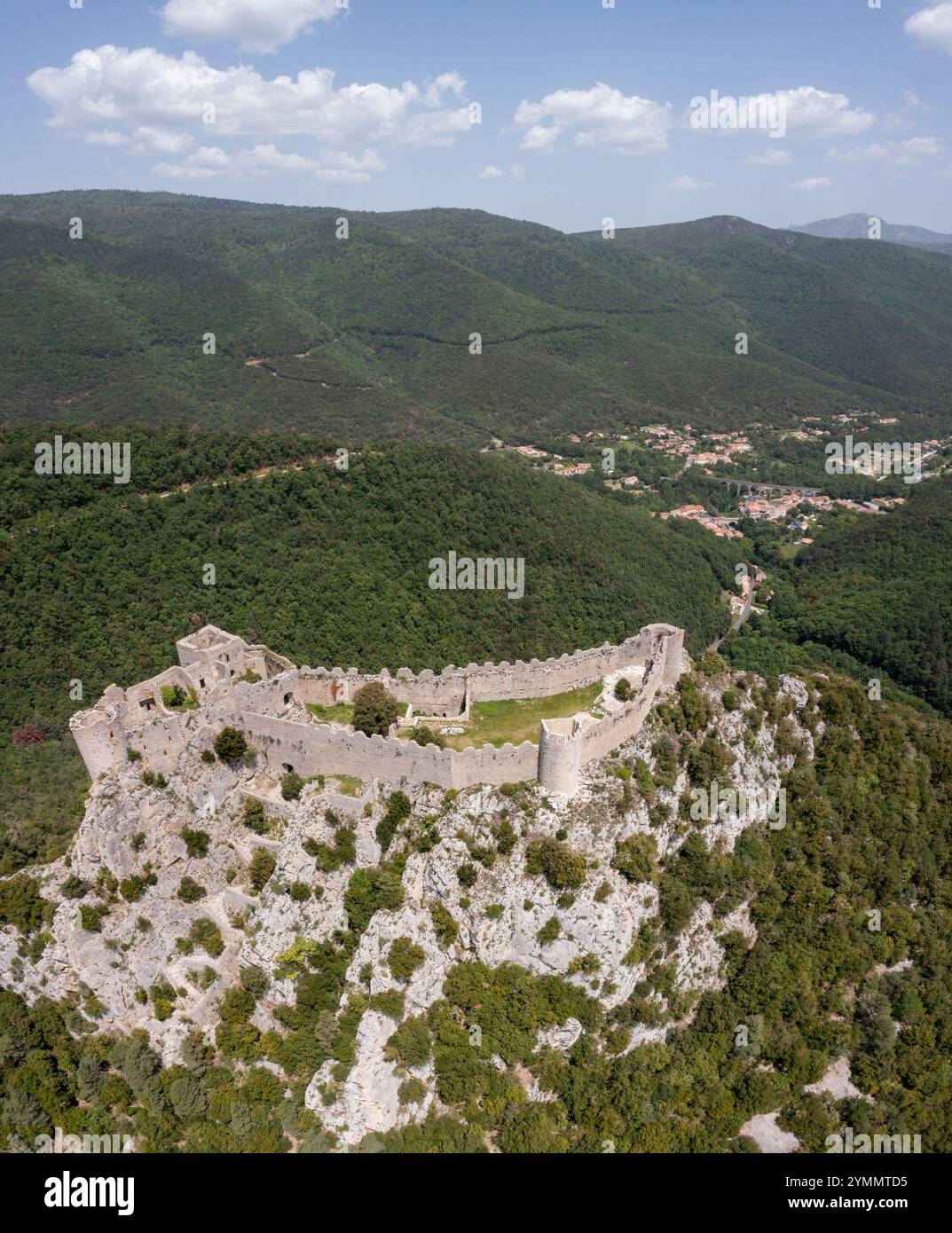 Aerial view of the Château de Puilaurens, Cathar castle registered as a ...