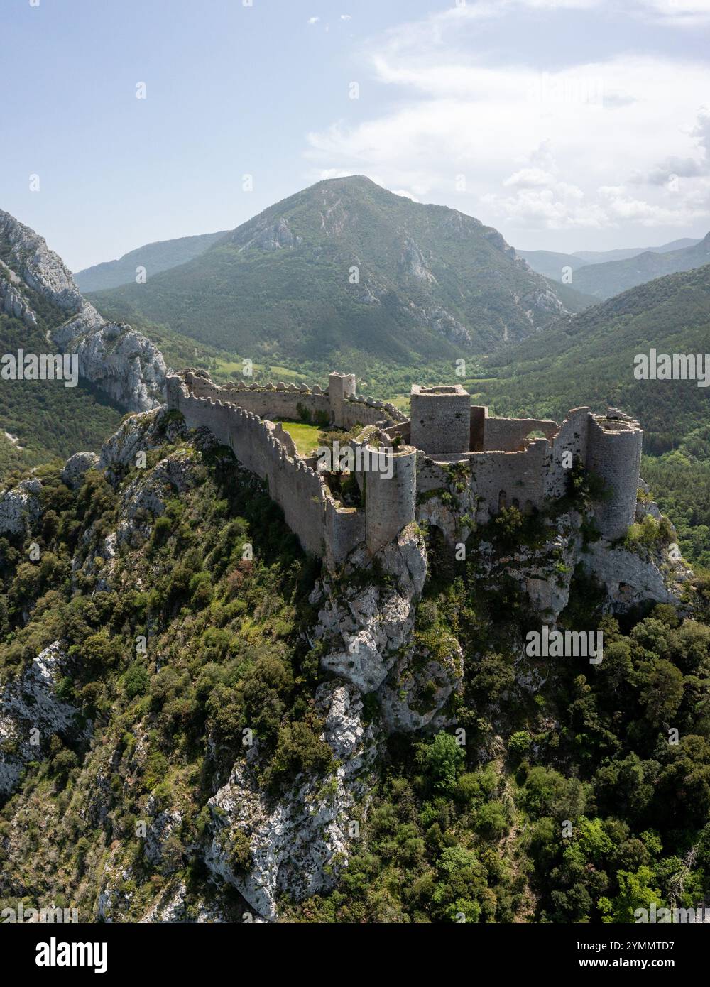 Aerial view of the Château de Puilaurens, Cathar castle registered as a ...