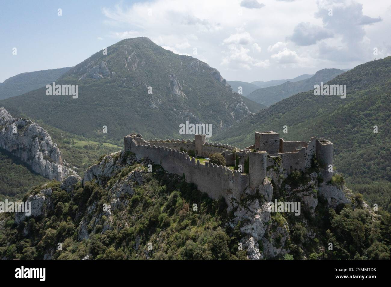 Aerial view of the Château de Puilaurens, Cathar castle registered as a ...