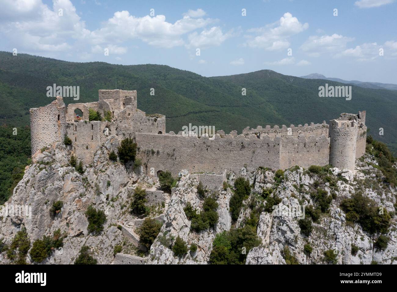 Aerial view of the Château de Puilaurens, Cathar castle registered as a ...