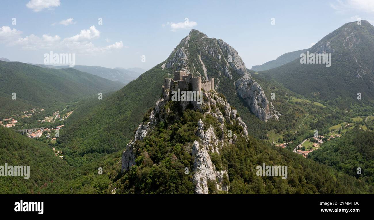 Aerial view of the Château de Puilaurens, Cathar castle registered as a ...