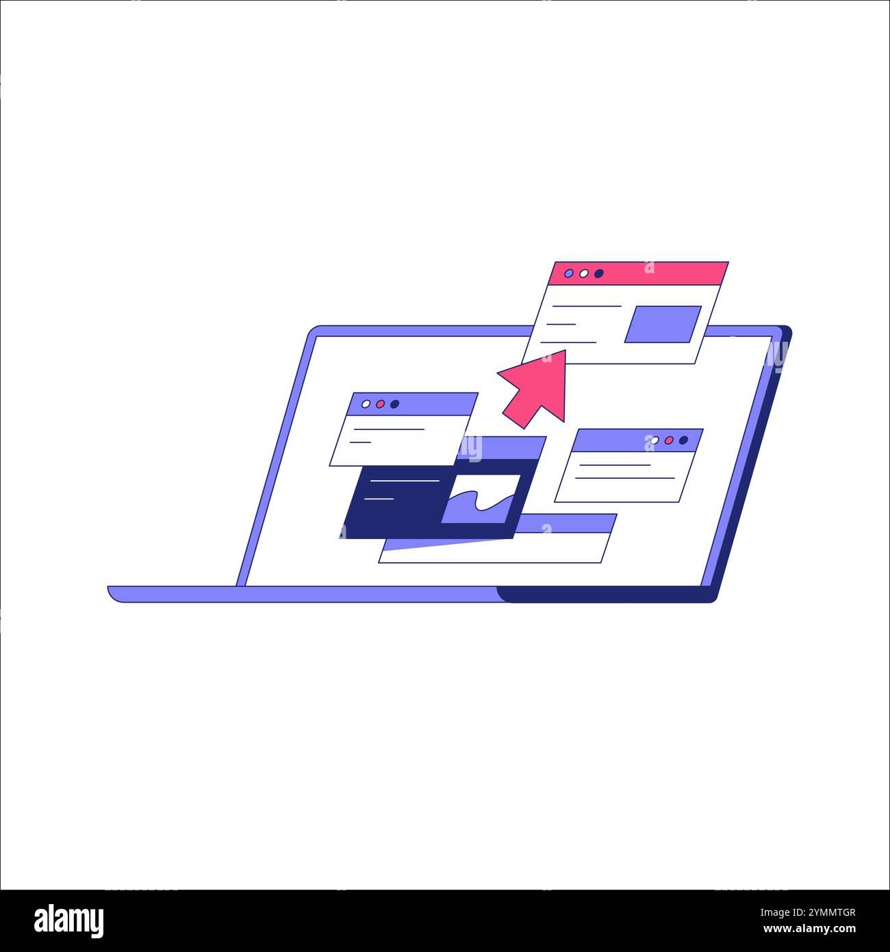 Laptop With Open Browser Tabs And Click Arrow In Flat Vector Illustration Symbolizing ...