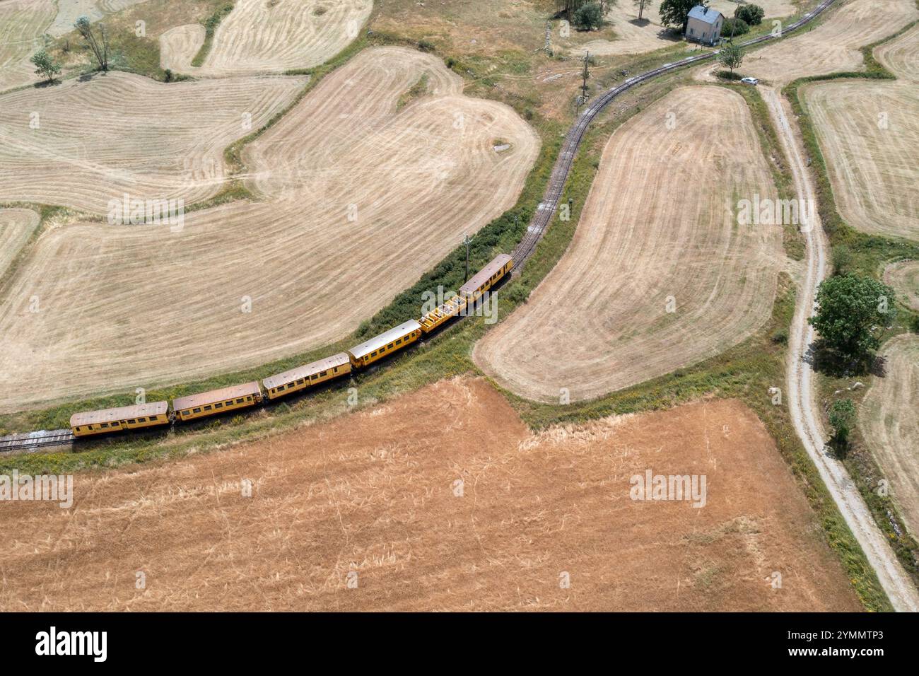 Aerial view of the Yellow Train in the Pyrénées-Orientales department ...