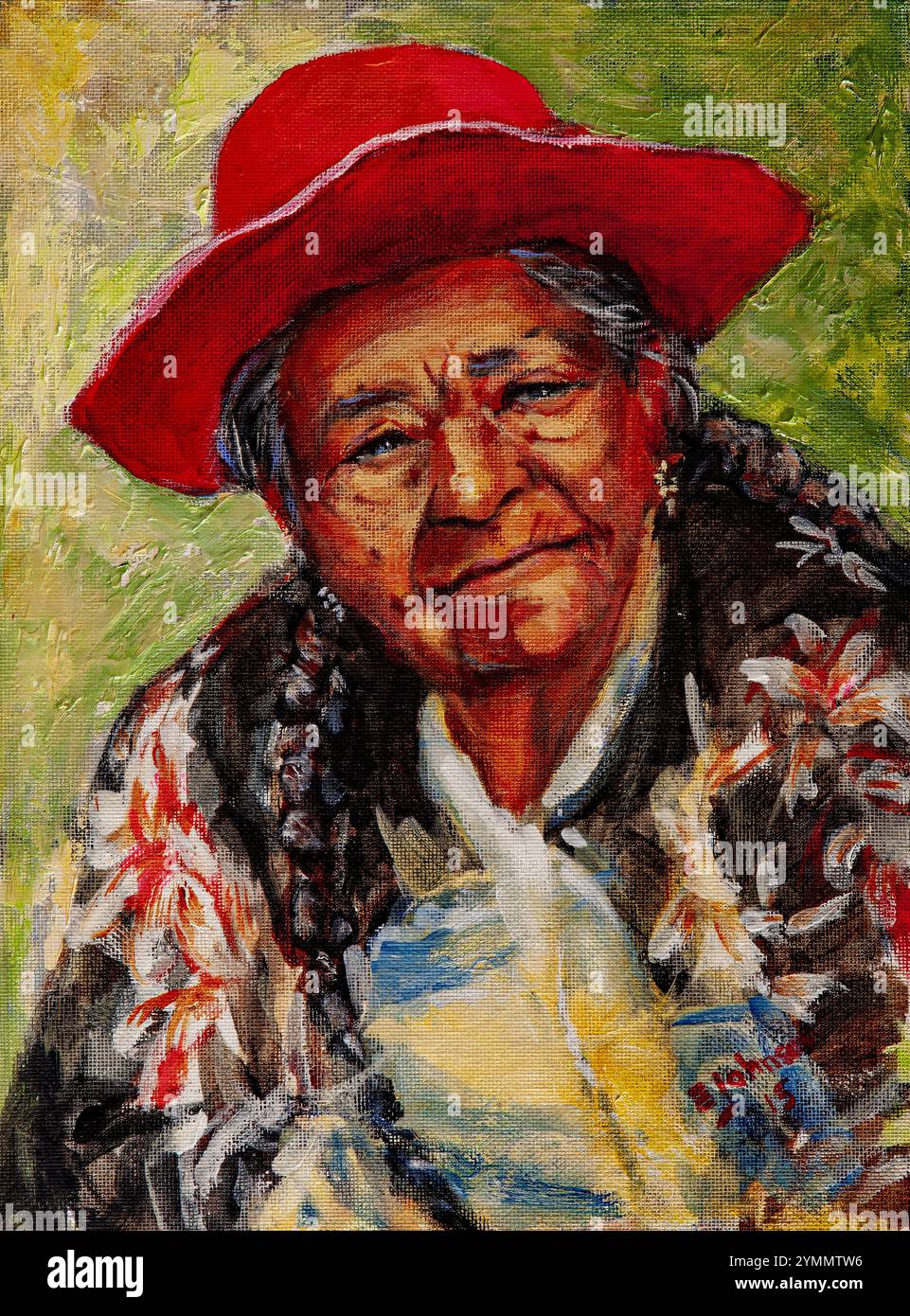 Oil painting of a serene indigenous woman wearing a vibrant red hat and ...