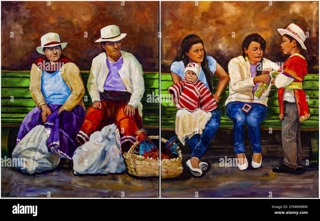 Painting depicting two scenes of andean people waiting on a bench, one ...